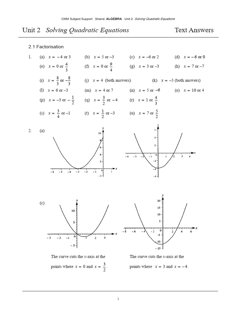 ALGEBRA Unit 2 Solving Quadratic Equations Text Answers | PDF ...