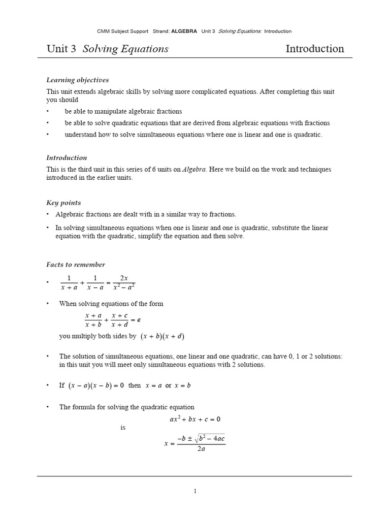 ALGEBRA Unit 3 Solving Equation Introduction | PDF | Equations ...