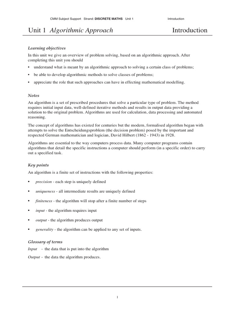 DISCRETE MATHS Unit 1 Algorithmic Approach Introduction | PDF