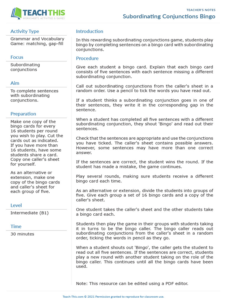 Subordinating Conjunctions Bingo | PDF