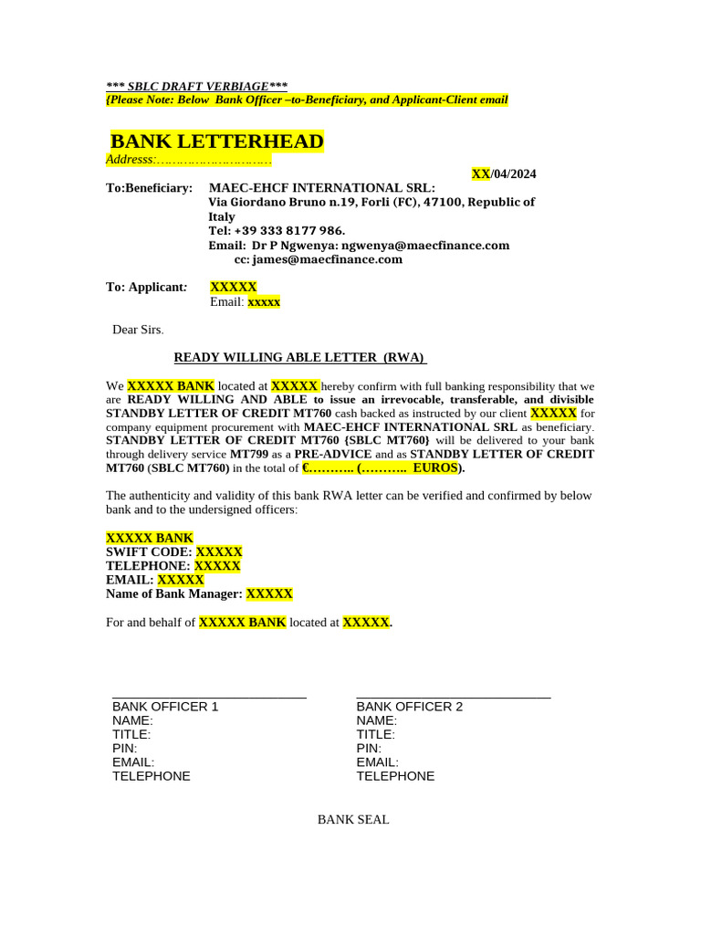 Rwa Letter Verbiage SBLC (Updated) | PDF