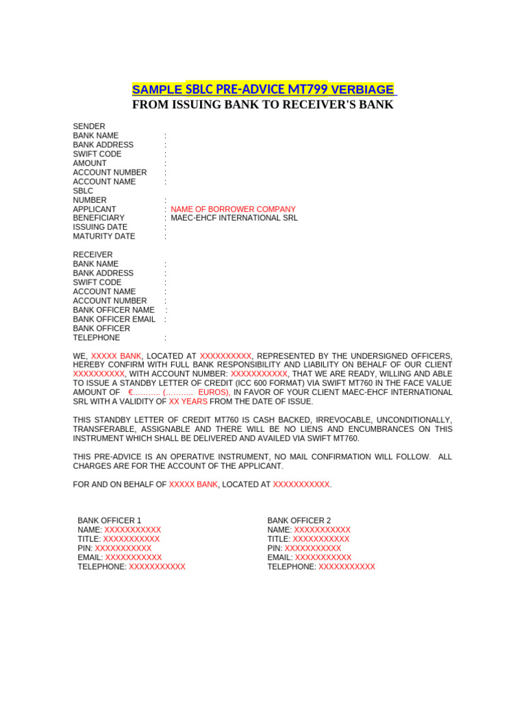 SBLC Pre-Advice MT799 Verbiage (Updated) | PDF