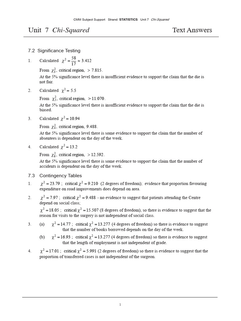 STATISTICS Unit 7 Chi-Squared Text Answer | PDF | Degrees Of Freedom ...