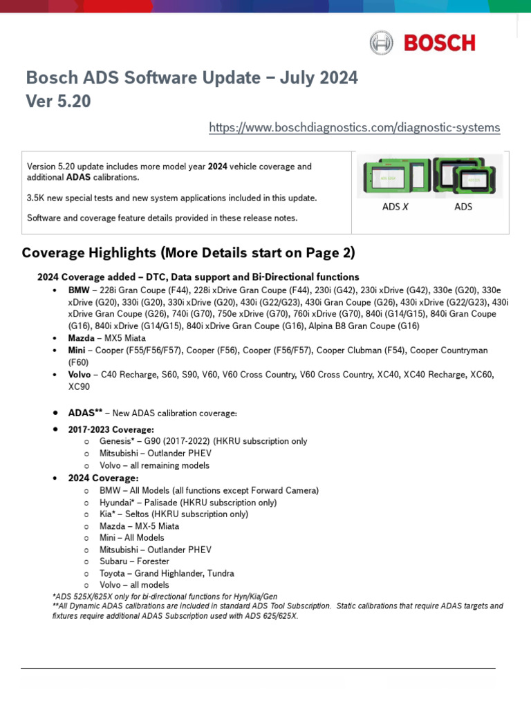 Bosch ADS Software Update - July 2024 Ver 5.20: Coverage Highlights ...