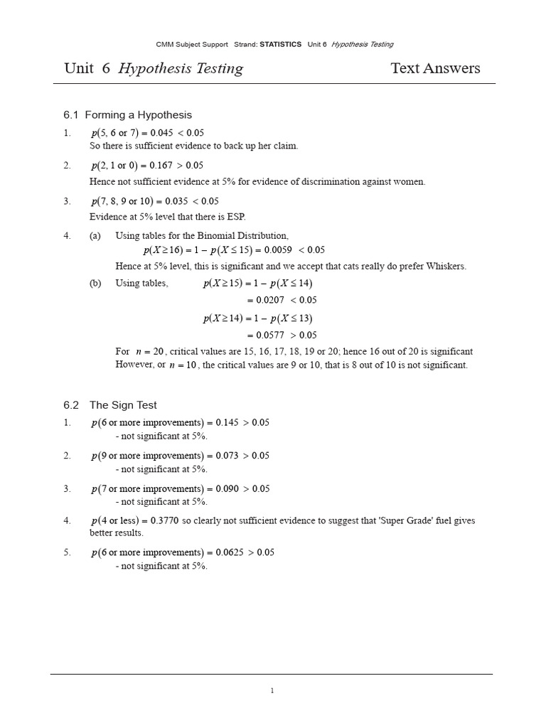 STATISTICS Unit 6 Hypothesis Testing Text Answers | PDF