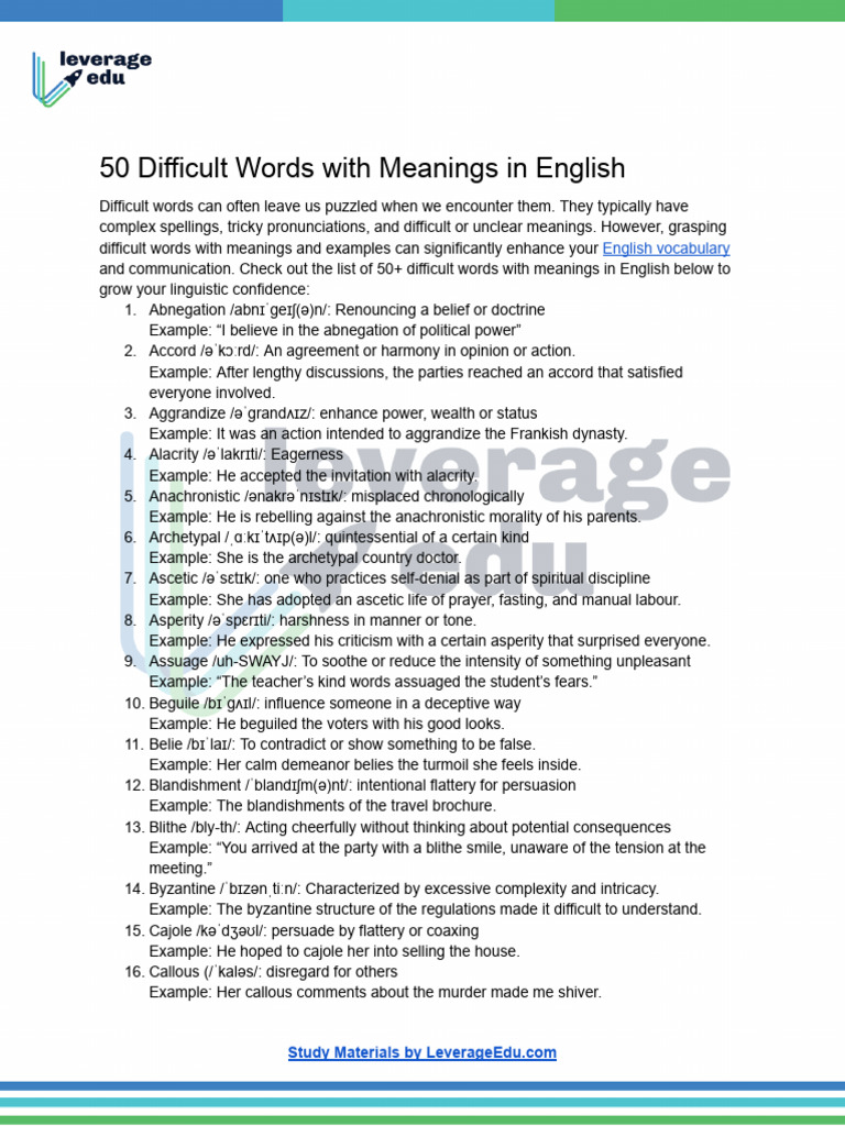 50 Difficult Words with Meanings | PDF | Oxygen
