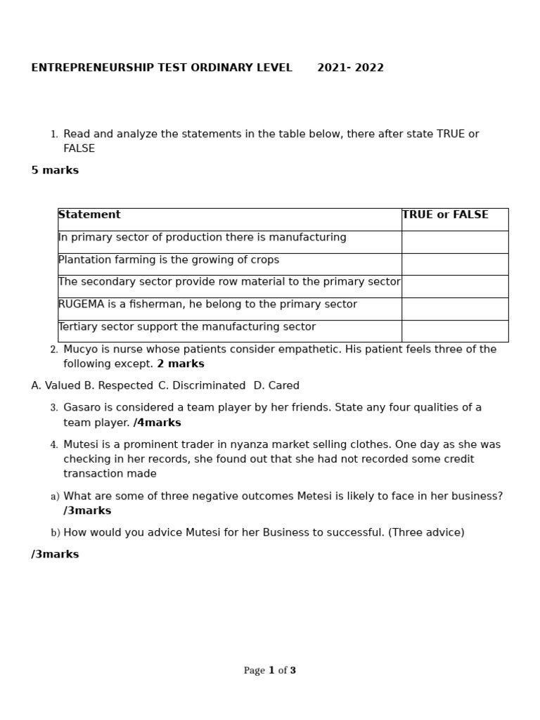 Entrepreneurship Test Ordinary Level2021 Carrefur | PDF | Debits And ...