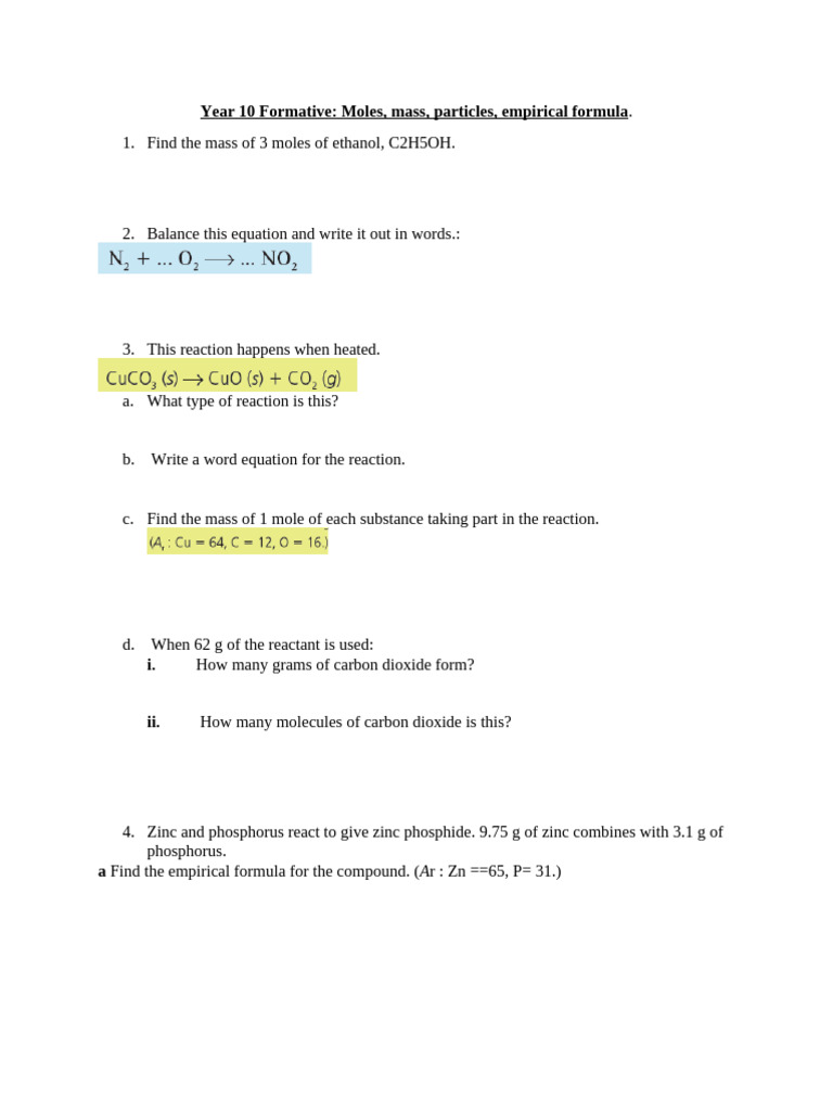 Year 10 Formative - Docx Moles | PDF