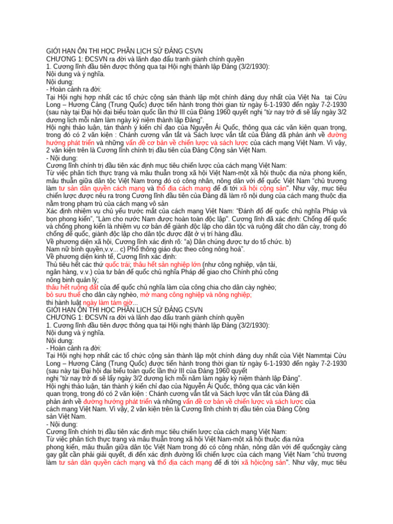 Giới Hạn Ôn Thi Học Phần Lịch Sử Đảng Csvn | PDF