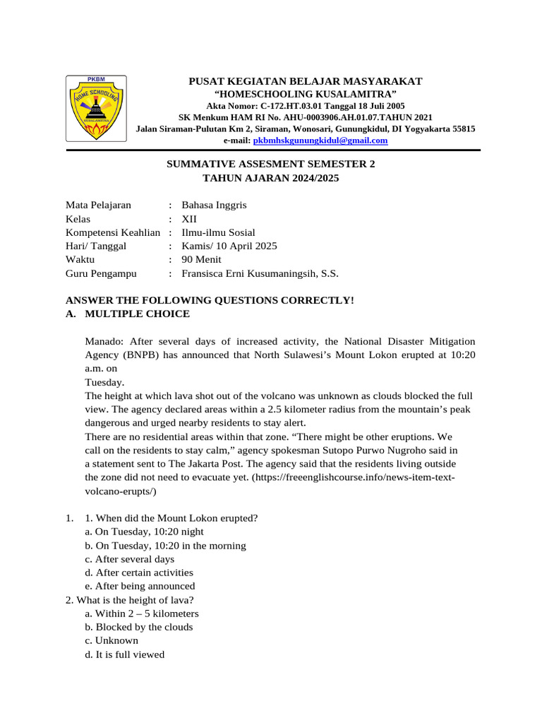 SOAL BAHASA INGGRIS KLS XII 10APRIL2023 Summative Assesment Semester 2 ...