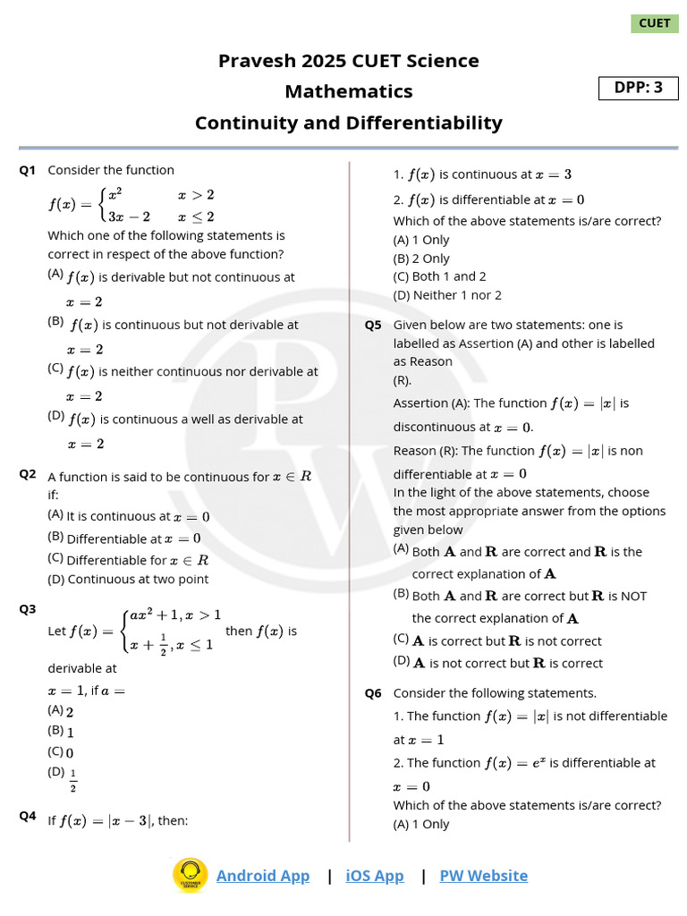 CUET 2025: Continuity & Differentiability | PDF
