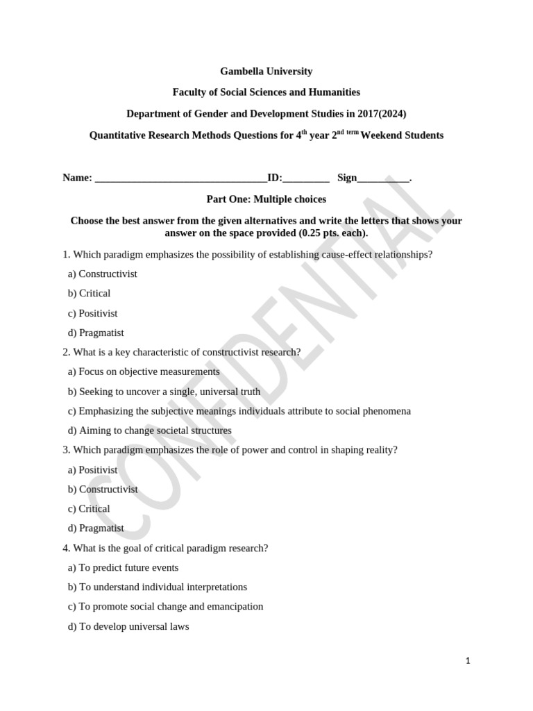 4th Year (Mid-1) Quantitative Research Methods | PDF | Experiment | Methodology