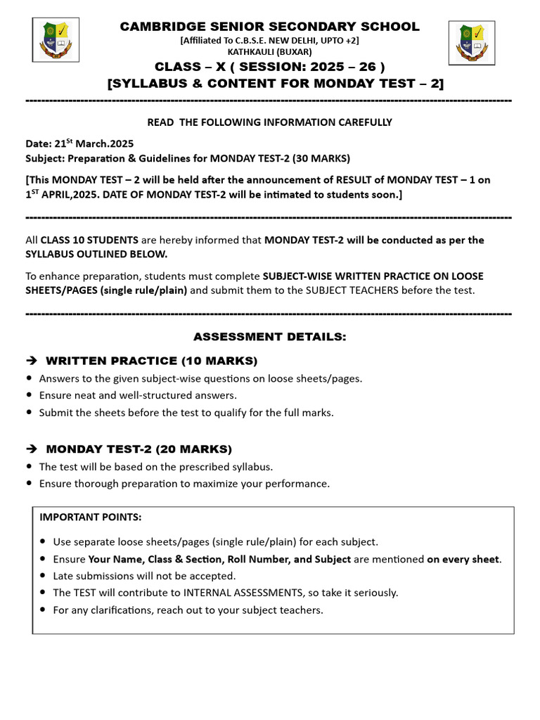 Monday Test-2 Guidelines for Class X | PDF | Chemical Reactions ...