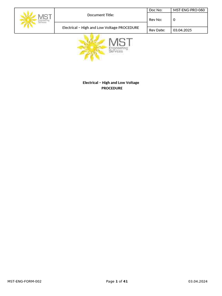 MST ENG PRO 060 Rev0 WHS Electrical Safety Procedure | PDF | Electrical ...