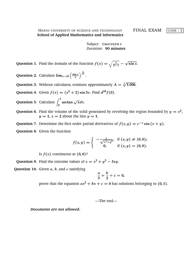 Hanoi University Calculus Exam Paper | PDF | Applied Mathematics ...