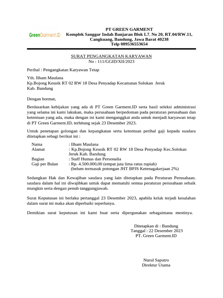 Contoh Surat Pengangkatan Karyawan | PDF