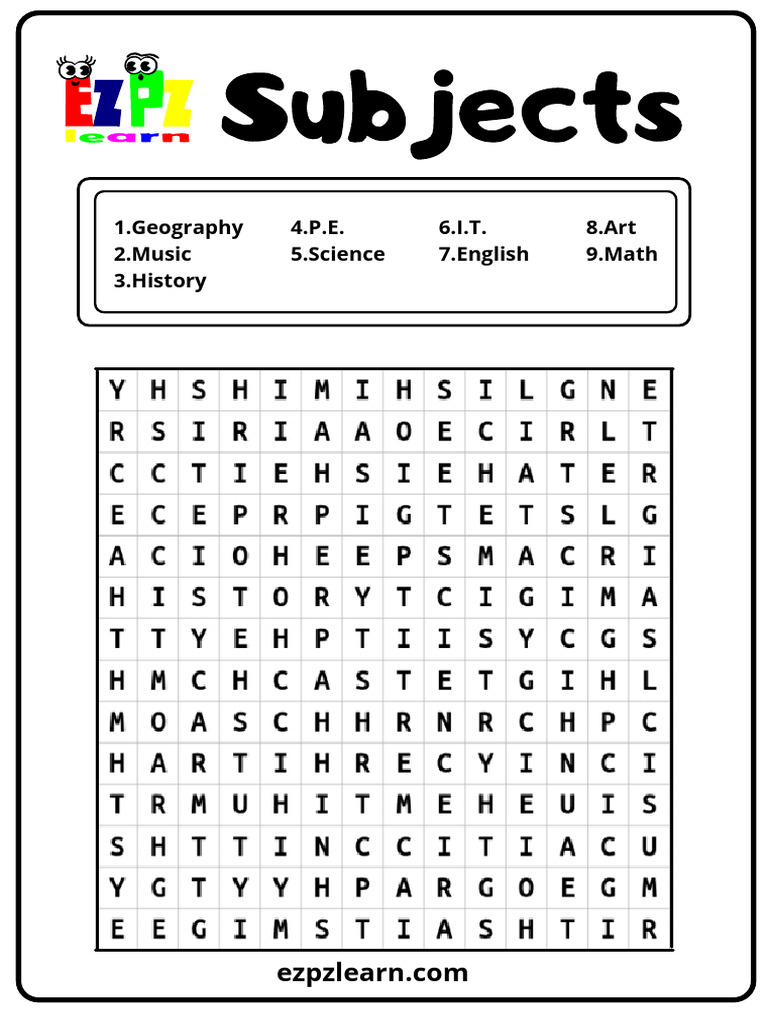Wordsearch: School Subjects List | PDF