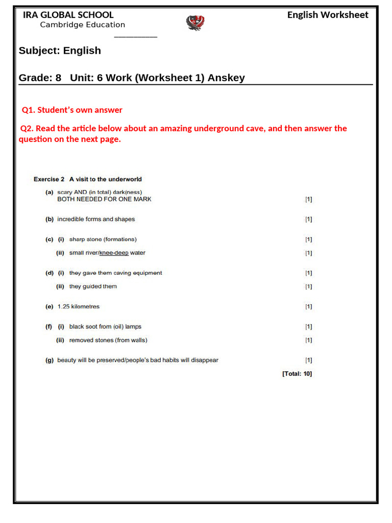 Grade 8 Eng ws1 Unit 6 Work Anskey | PDF