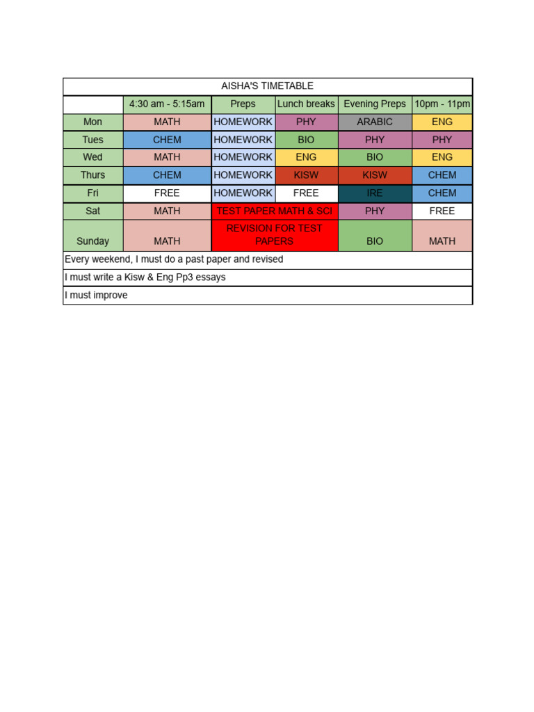 Aisha's Timetable | PDF