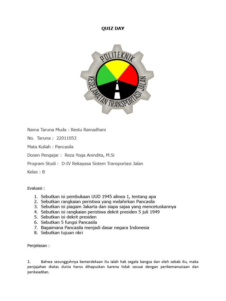 Pancasila Quizz Day 1 - Restu Ramadhani - RSTJ B - 22011053 | PDF