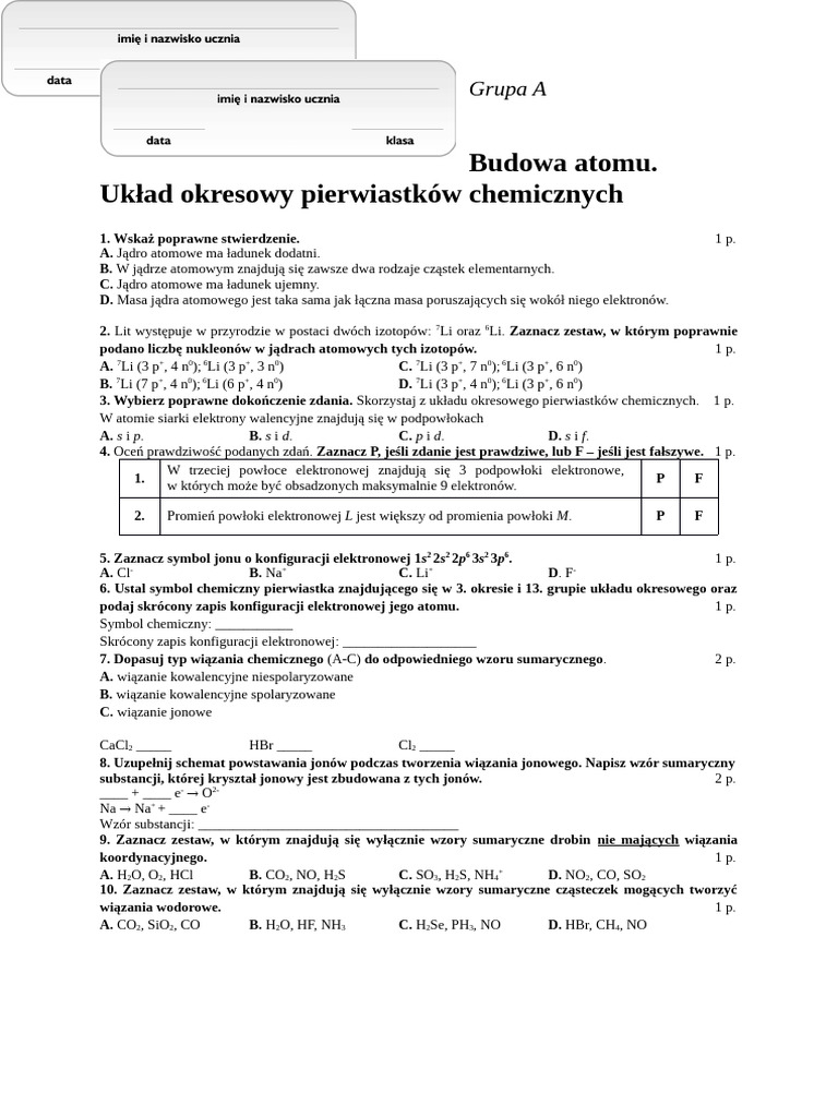 Sprawdzian 1 Budowa Atomu Uklad Okresowy Pierwiastkow Chemicznych Grupa ...