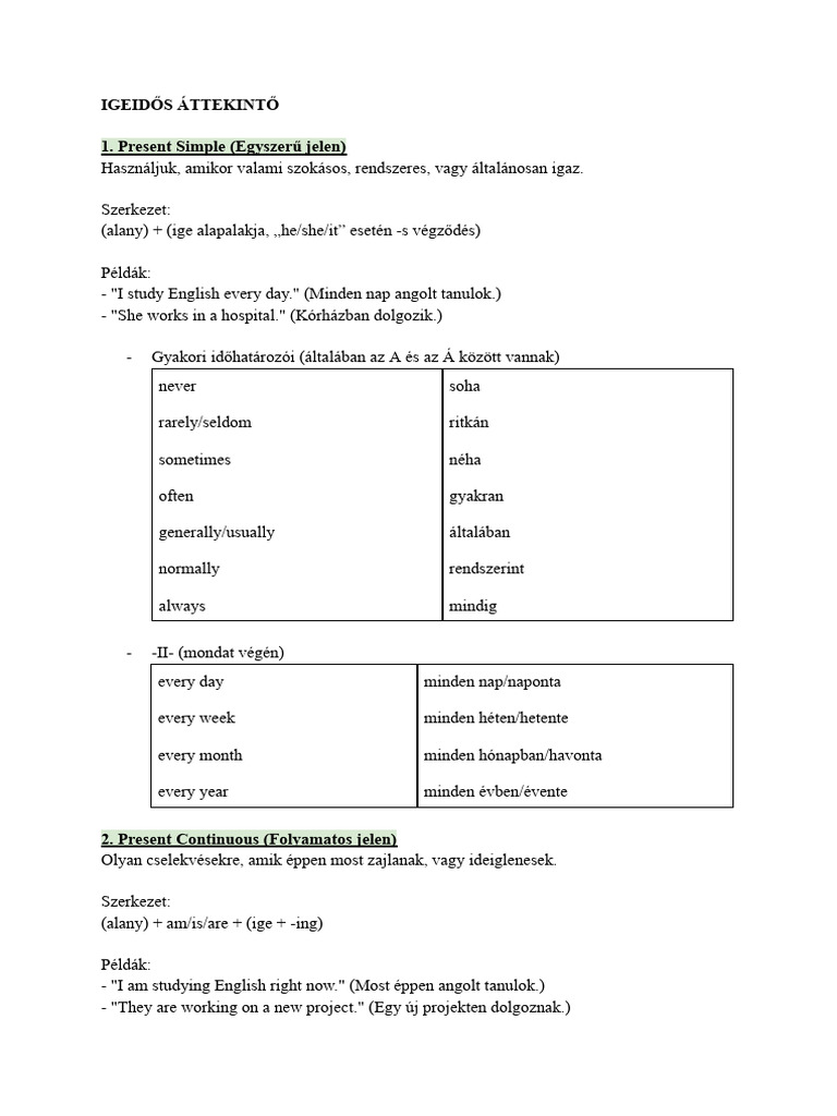 Igeidős Áttekintő 1. Present Simple (Egyszerű Jelen) | PDF