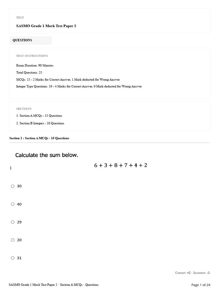SASMO Grade 1 Mock Test Paper 2 | PDF | Multiple Choice | Scientific Method