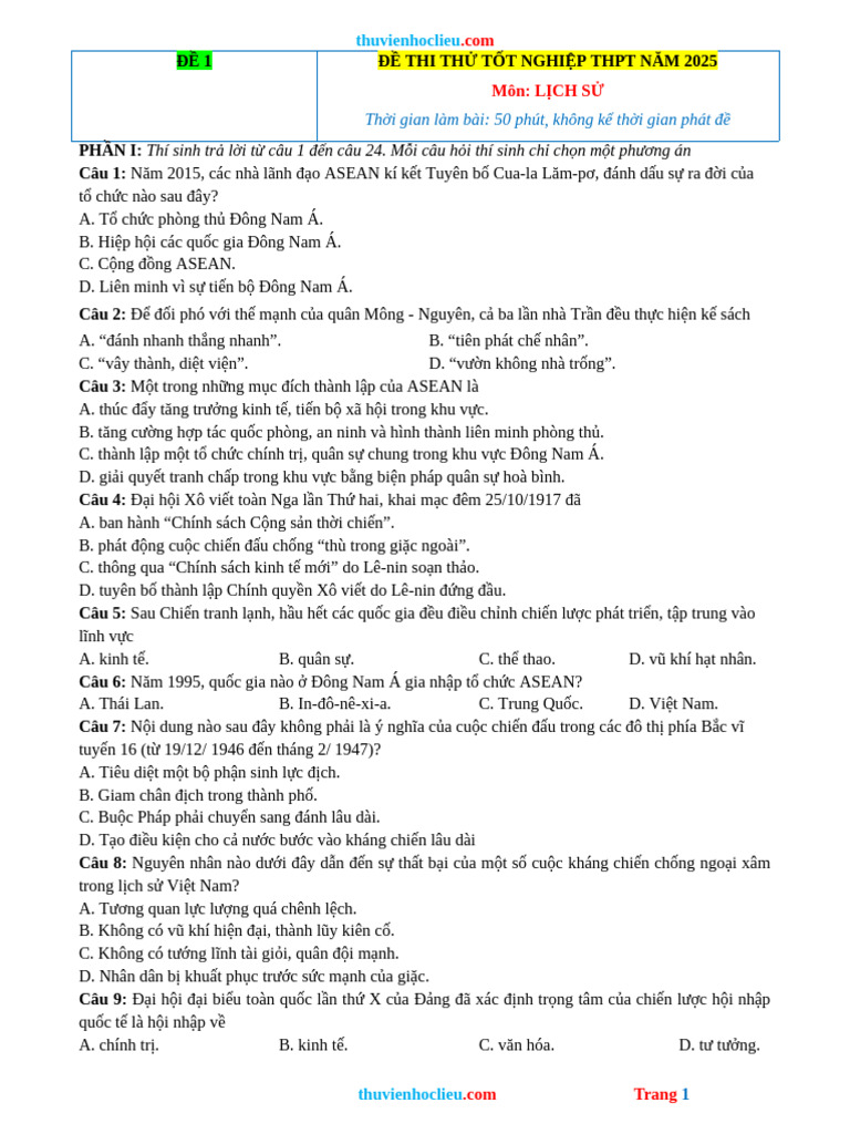 Thuvienhoclieu.com Bo 10 de Thi Thu TN THPT 2025 Mon Su | PDF