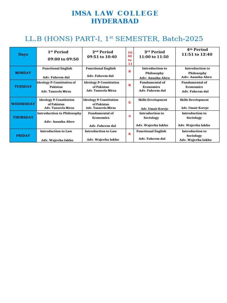 Time Table April-2025 Part-I 1st Semester IMSA Law College Hyd | PDF