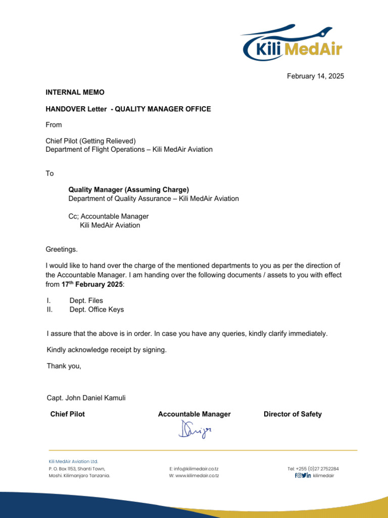 Office Handover Letter QM | PDF