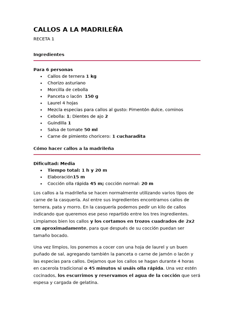 Receta Tradicional de Callos a la Madrileña | PDF | Menudencias | Cocinando
