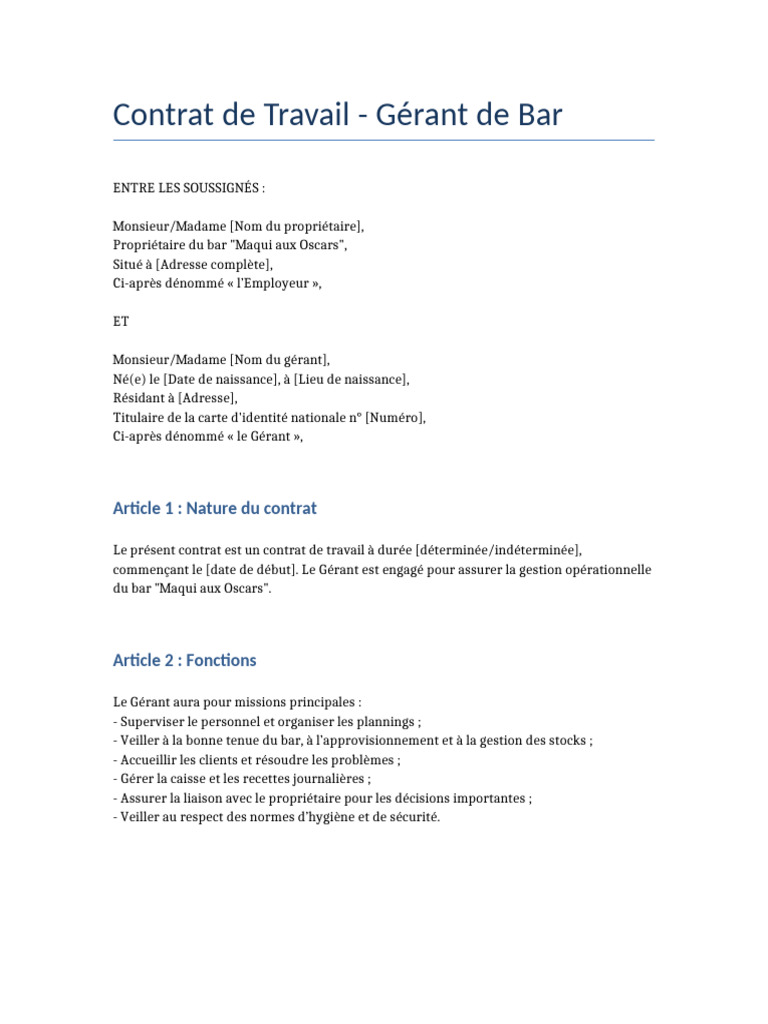 Contrat de Travail pour Gérant de Bar | PDF