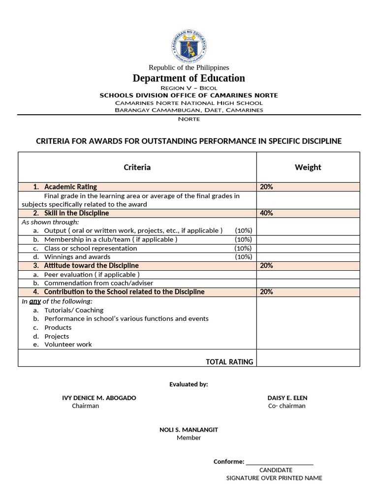 2jhscriteria for Specific Discipline Award (1) | PDF