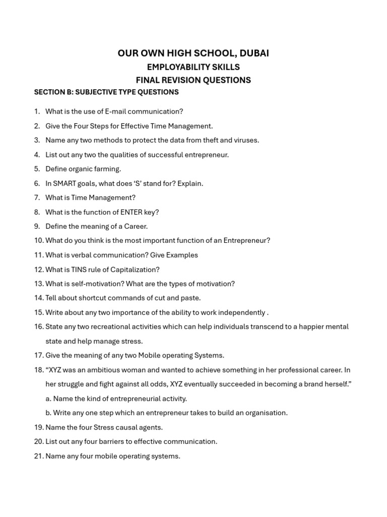 Employability Subjective Questions | PDF | Entrepreneurship | Communication