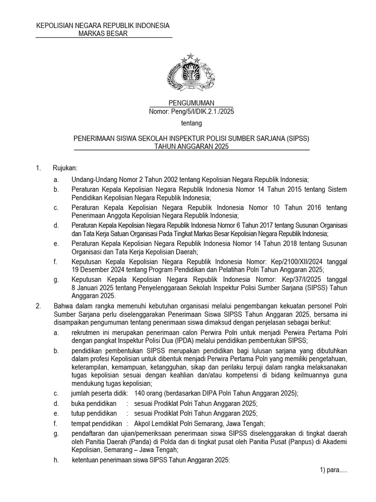 Pengumuman Penerimaan Sipss T.A. 2025 | PDF
