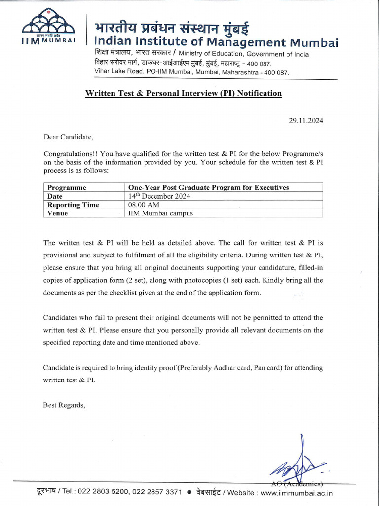 Call Letter - Written Test & PI | PDF