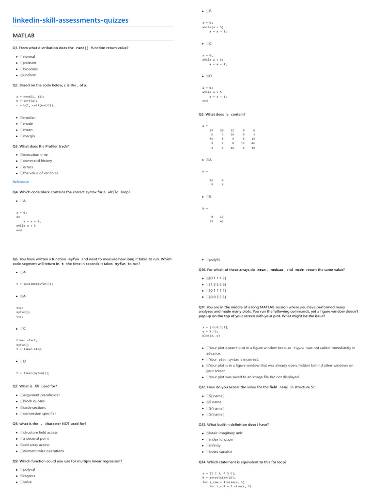 MATLAB - Linkedin-Skill-Assessments-Quizzes | PDF | Matrix (Mathematics) | Matrix Theory