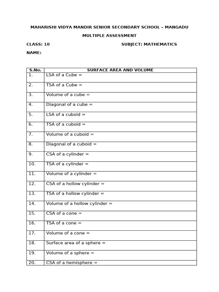 Class 10, Formula Test | PDF