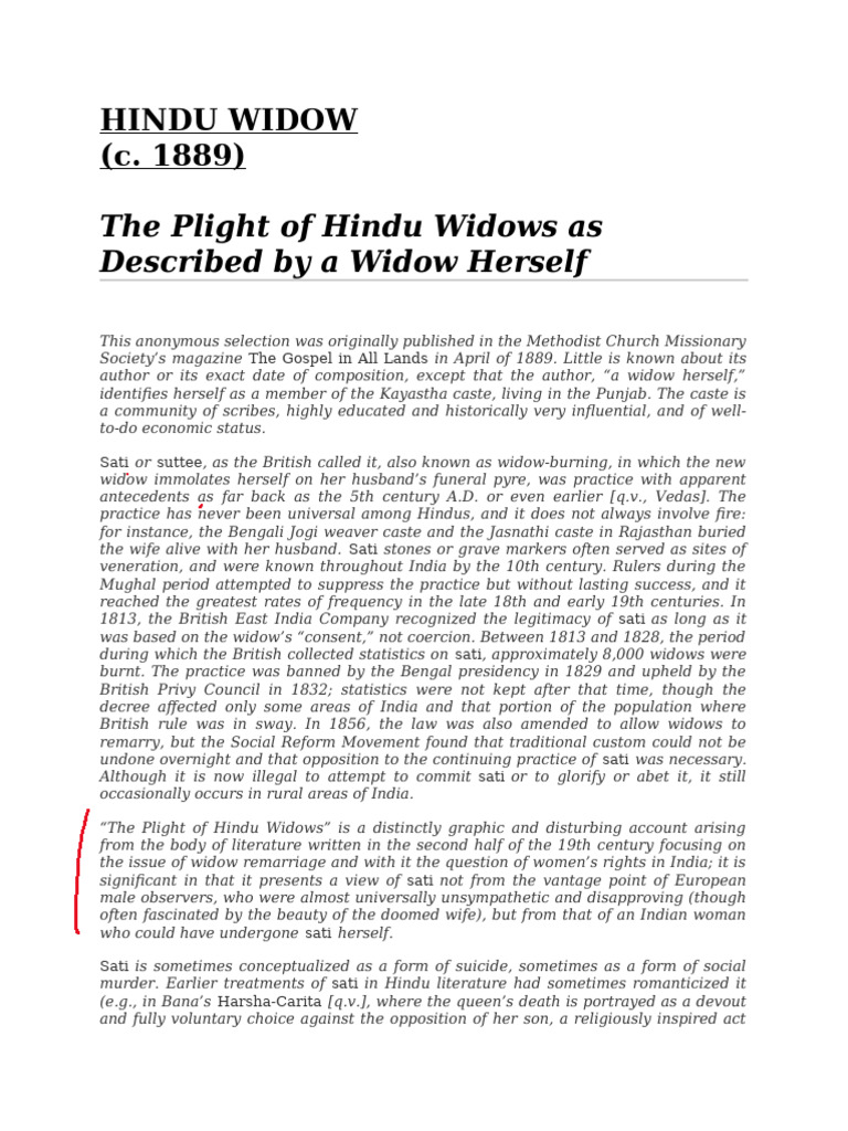 Plight of Hindu Widows As Describd by A Widow Herself | PDF