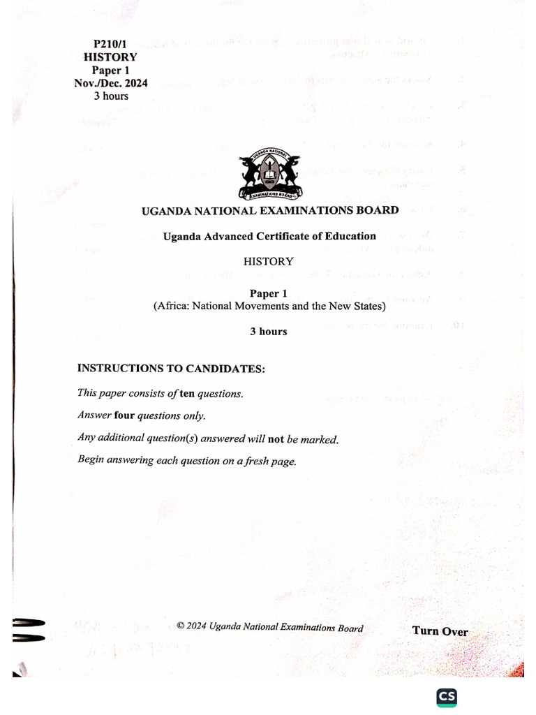 History Paper 1&2 UNEB Past Paper 2024 | PDF