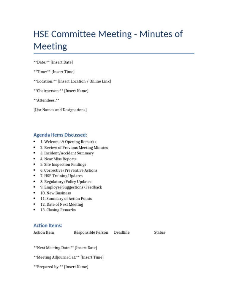 HSE Committee MoM Template | PDF