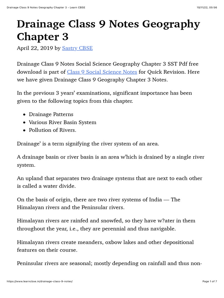 Drainage Class 9 Notes Geography Chapter 3 - Learn CBSE | PDF | Lake ...