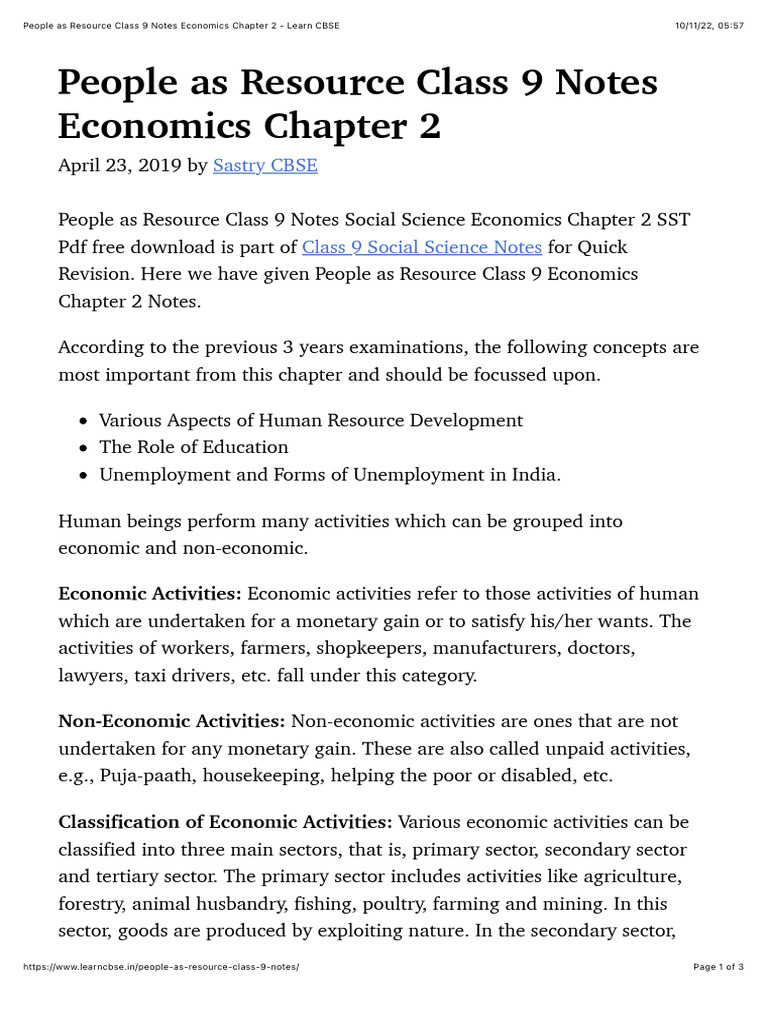 People As Resource Class 9 Notes Economics Chapter 2 - Learn CBSE | PDF ...