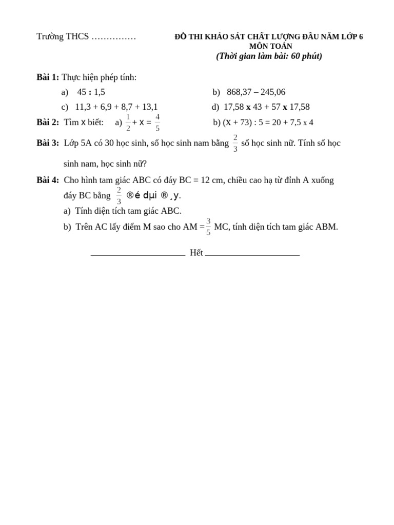 De Khao Sat Chat Luong Dau Nam Mon Toan Lop 6 Nam 2020 de 5 | PDF