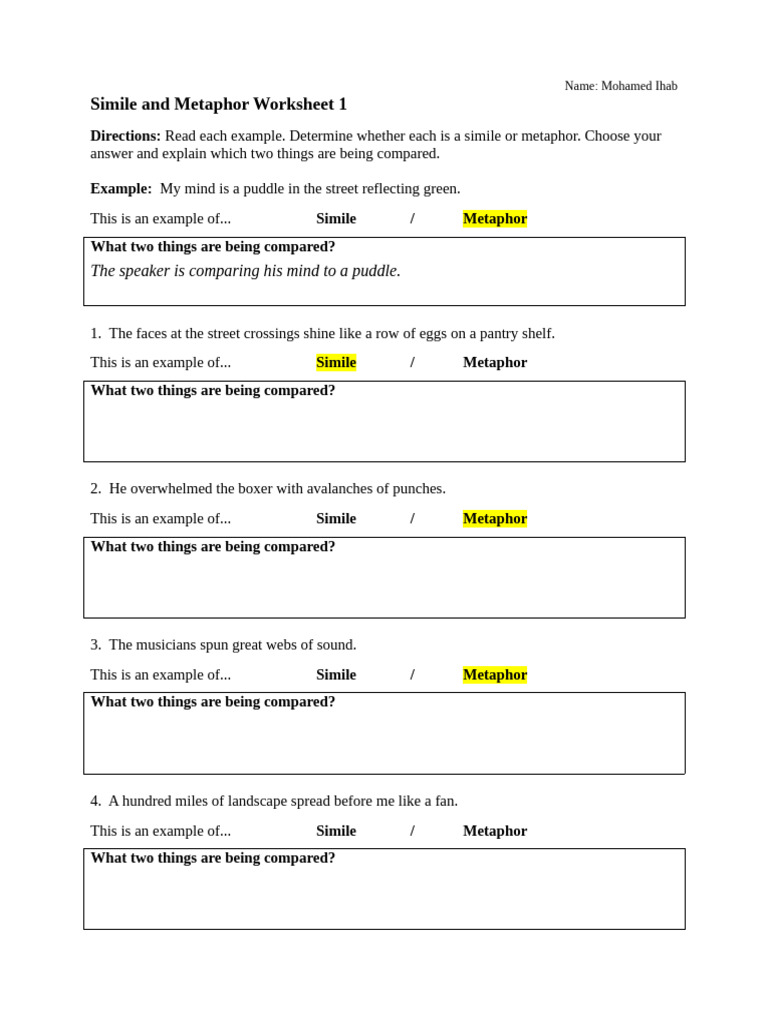 Simile and Metaphor Analysis Worksheet | PDF