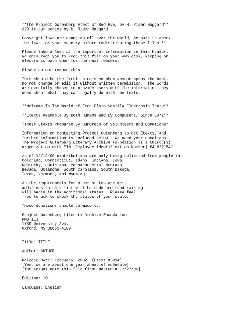 Red Eve | PDF | Project Gutenberg | Damages