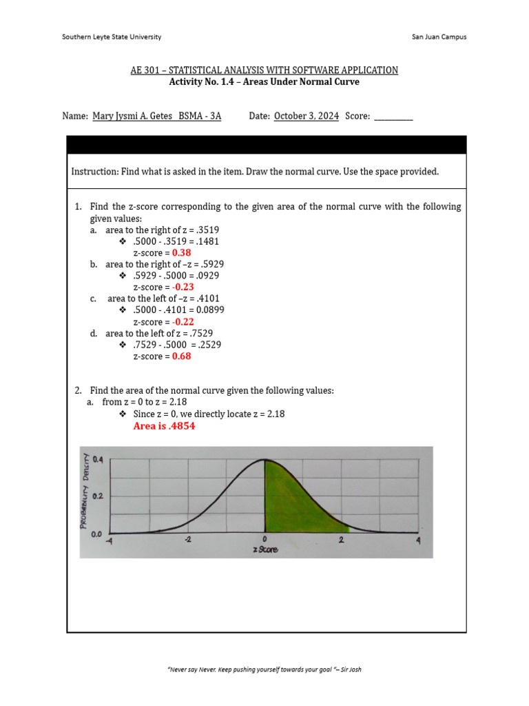 GETES Activity No. 1.4 Areas Under Normal Curve AE 301 | PDF
