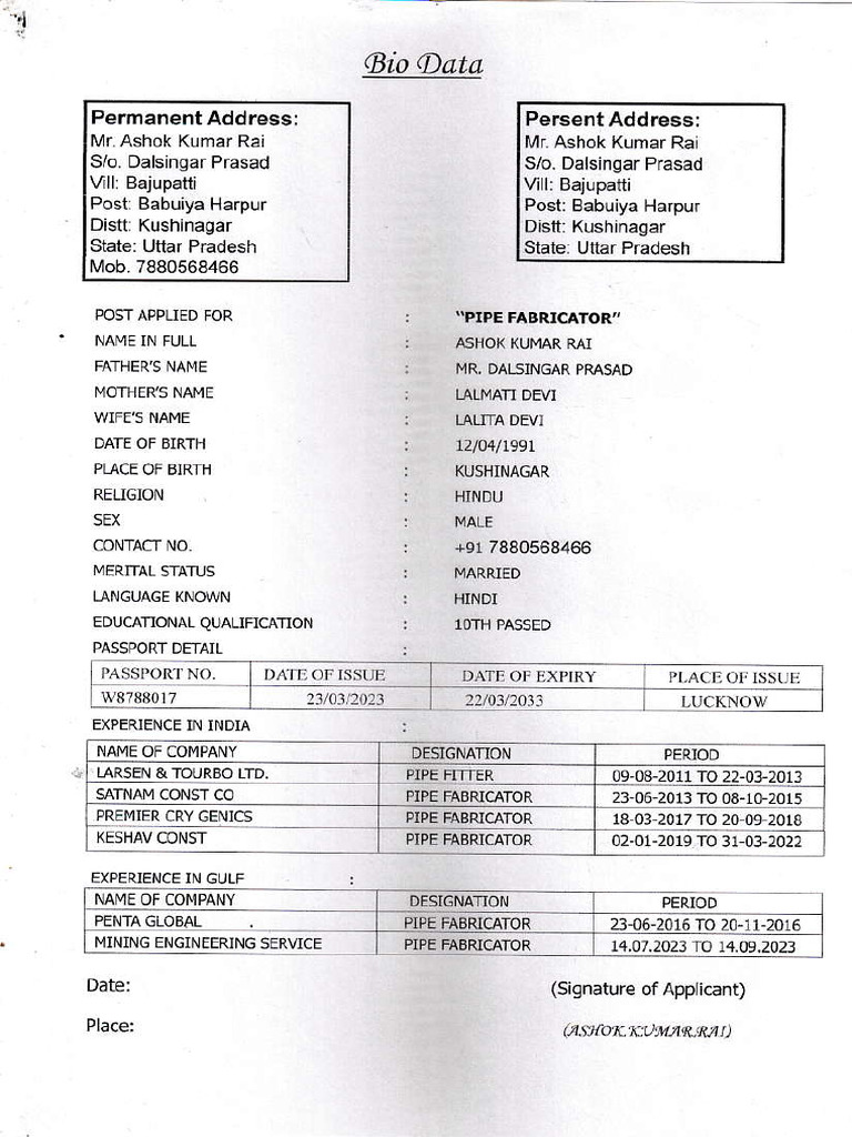 Ashok Kumar Rai - Steel Fabricator | PDF