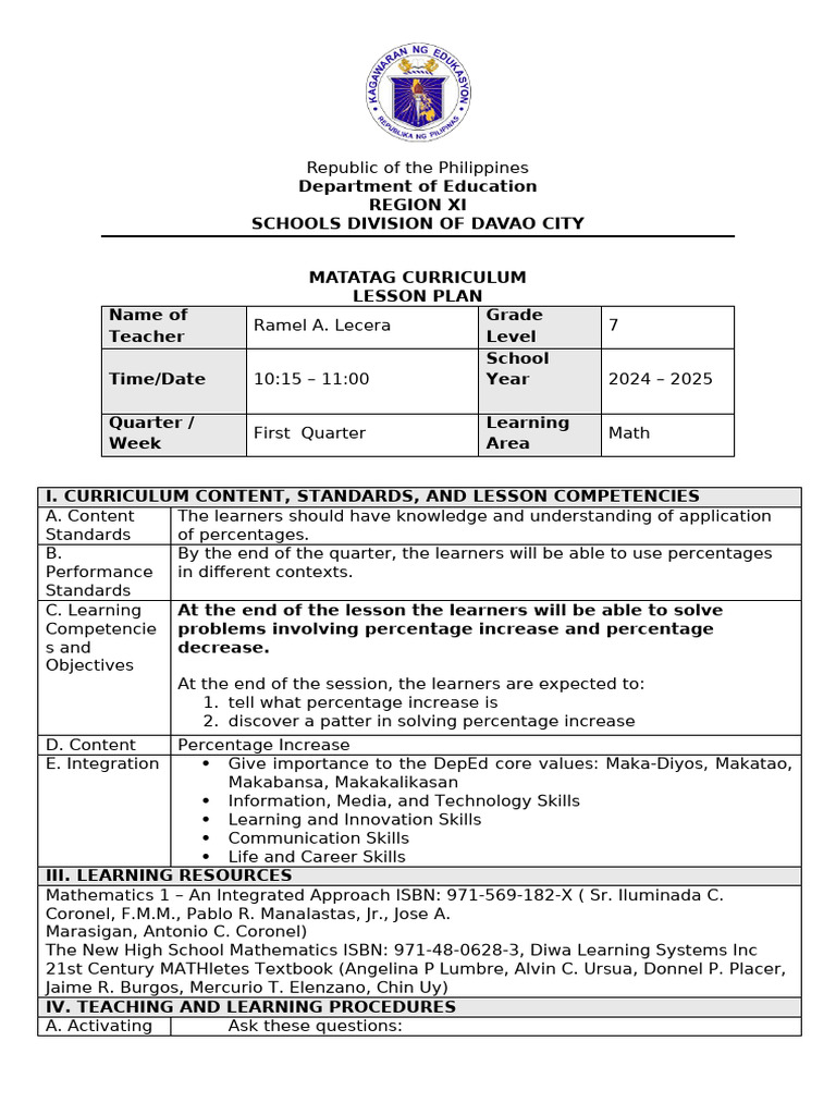 Class 7 Percentage Increase Lesson Plan | PDF | Percentage | Learning