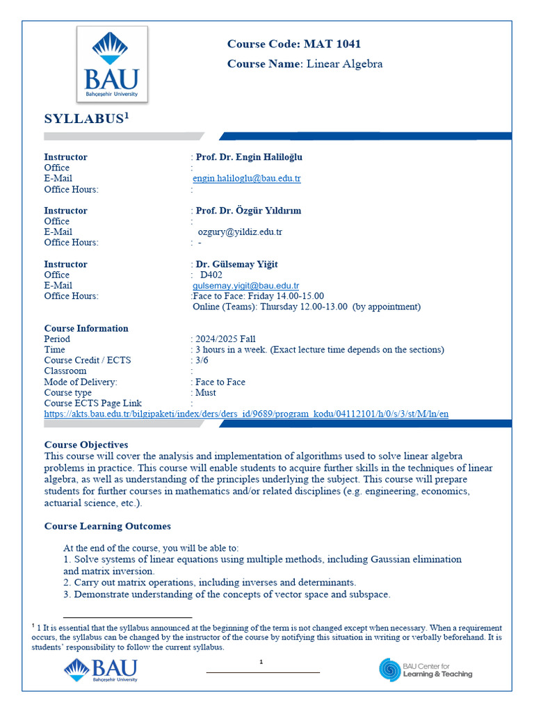 Syllabus MAT 1041 Fall 2024 | PDF | Matrix (Mathematics) | Determinant